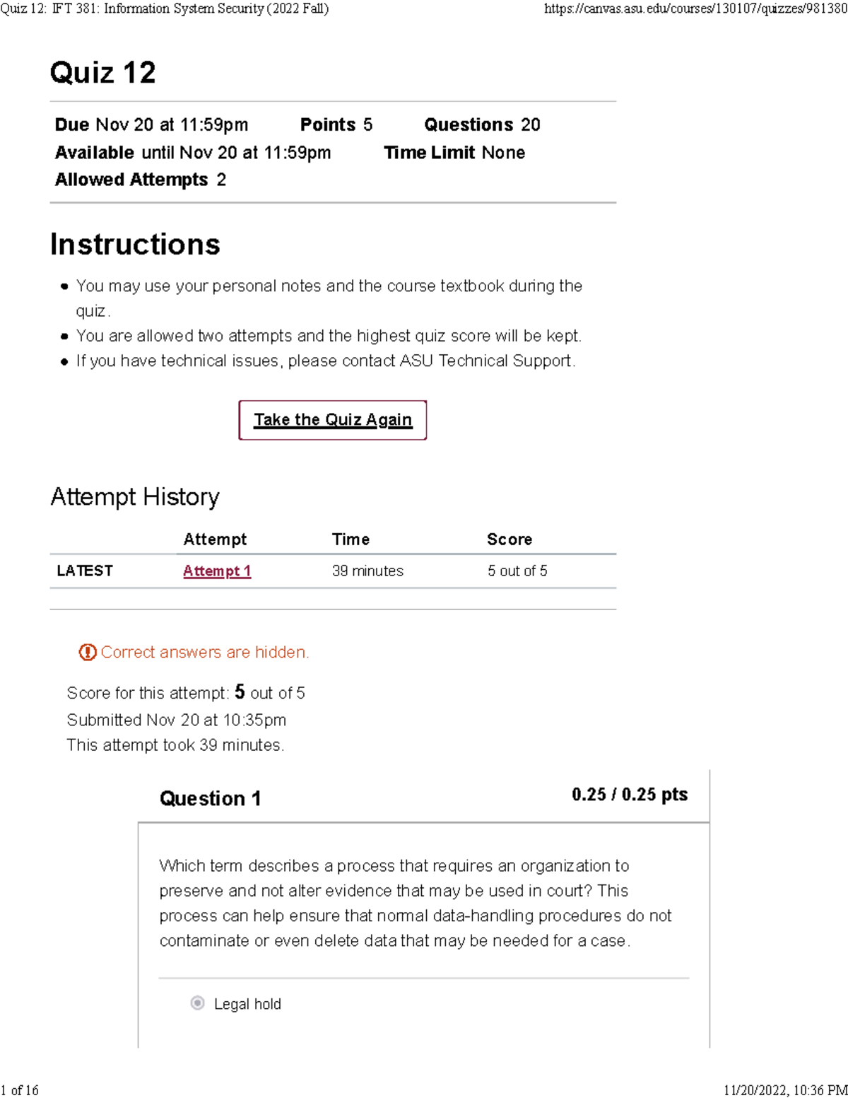 Module 12 quiz set 1 - Quiz 12 Due Nov 20 at 11:59pm Points 5 Questions ...