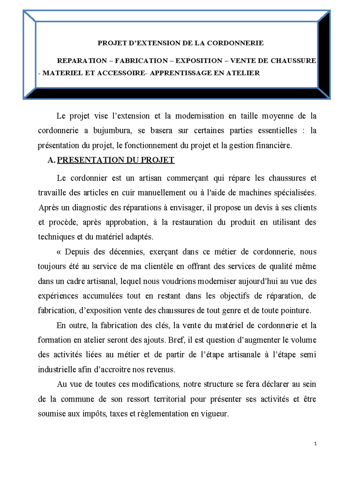 Business plan du projet de cordonnerie - PROJET D’EXTENSION DE LA ...
