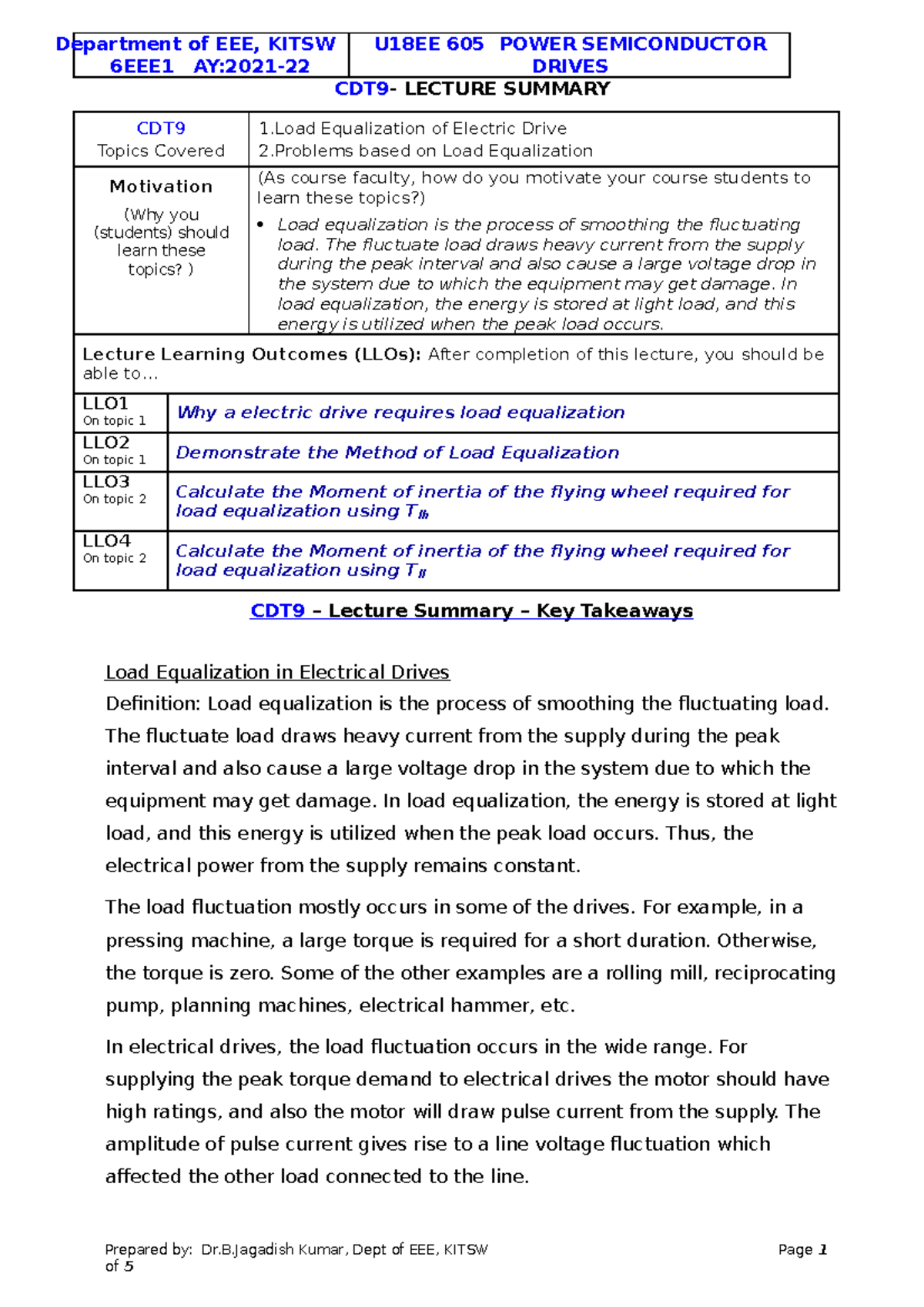 Load Equalization of Electric Drive - 6EEE1 AY:2021- DRIVES CDT9- LECTURE SUMMARY CDT Topics ...