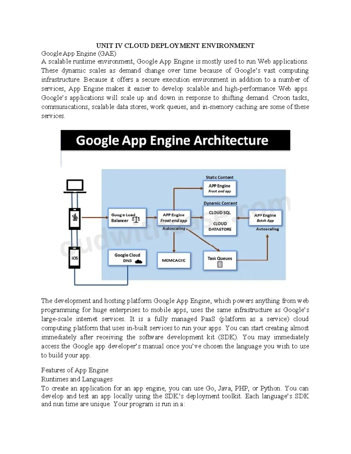 U4cc - fourth unit - UNIT IV CLOUD DEPLOYMENT ENVIRONMENT Google App Engine (GAE) A scalable ...
