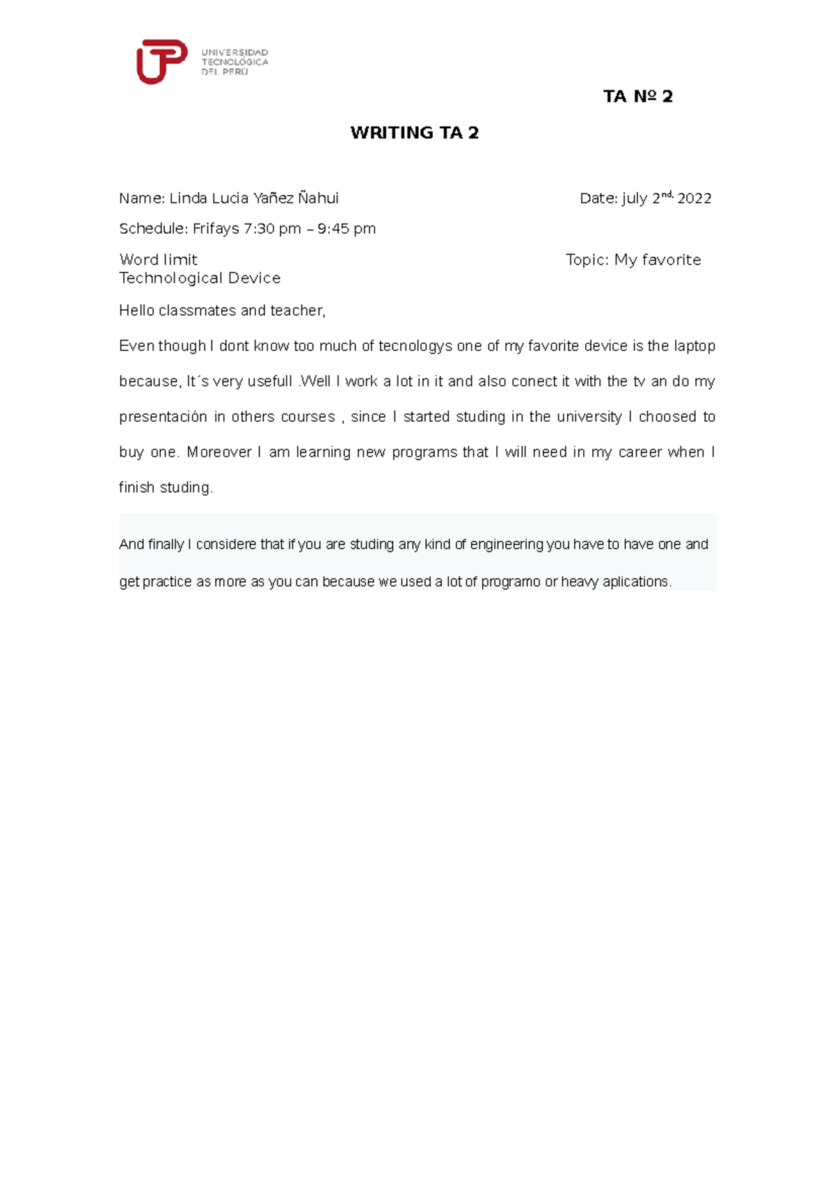 Writing Sample TA 2 - RESUMEN DEL CURSO - TA Nº 2 WRITING TA 2 Name ...