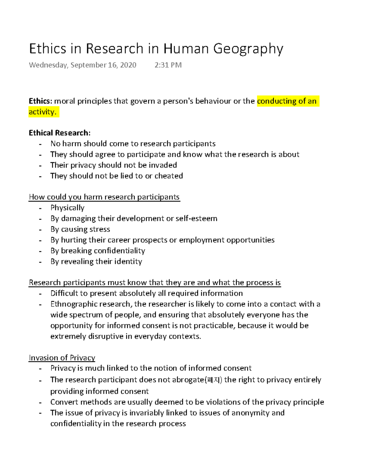 Ethics in Research in Human Geography - Geog 293 - UWaterloo - StuDocu