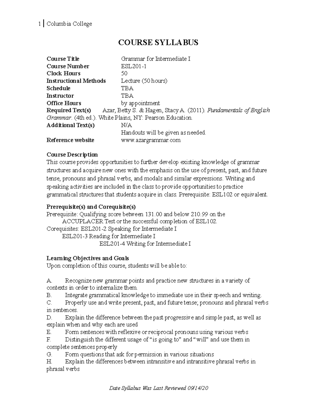 ESL-201-1-Grammar-for-Intermediate-I Fundamentals-1 - COURSE SYLLABUS ...