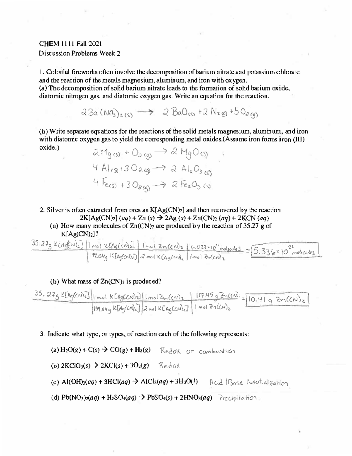 CHEM 11 11 Week 2 DP Key Fall 2021 - CHEM 1111 Fall 2021 Discussion ...