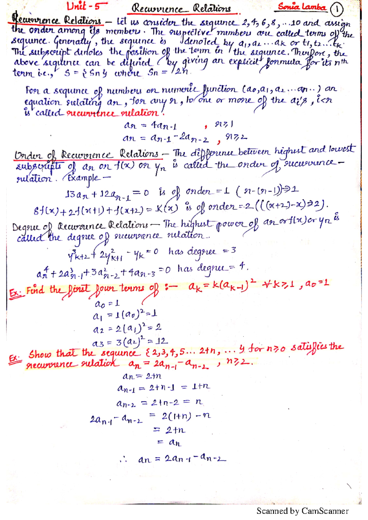 Recurrence Relation (Unit 5) - Recurrence Relations Sonia Lamba I ...