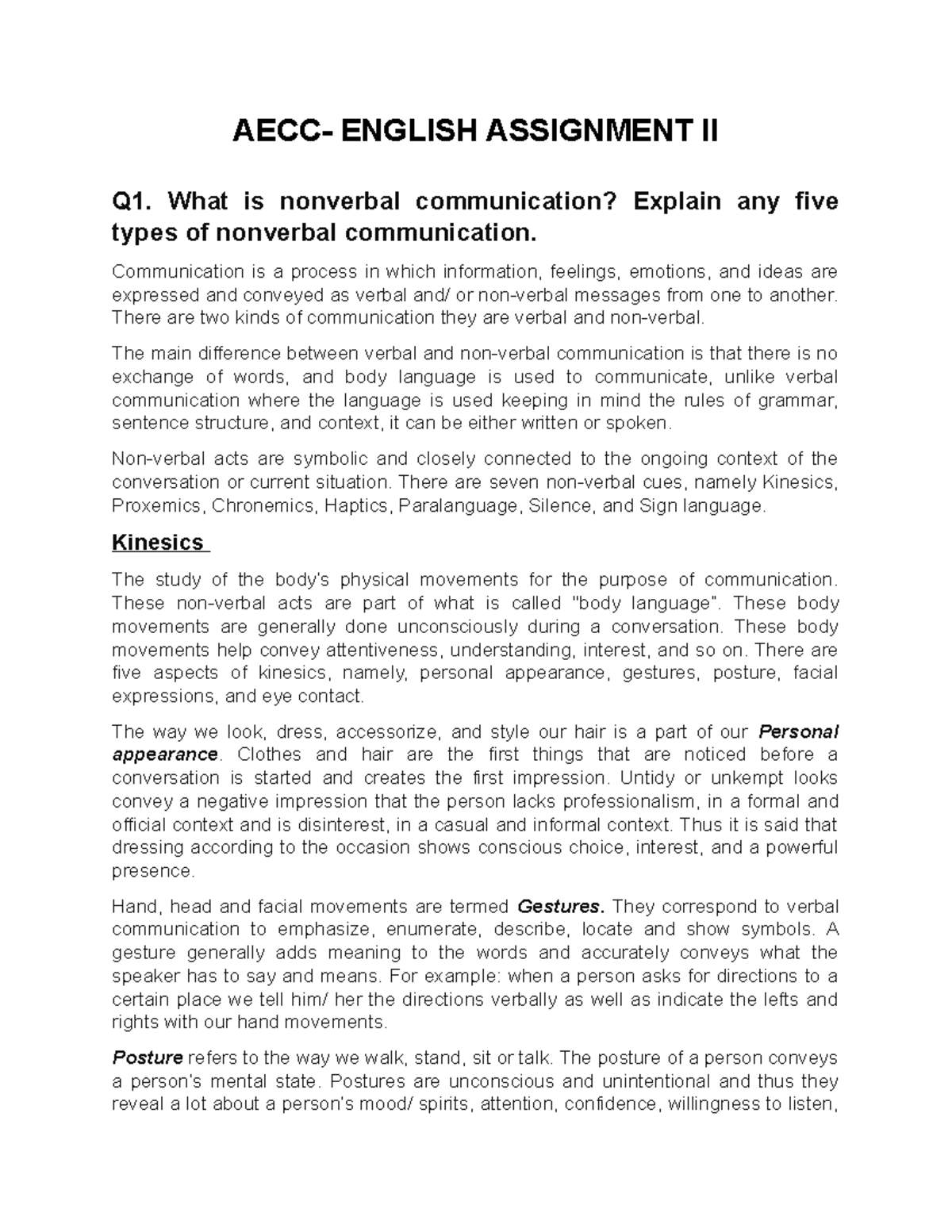 AECC english communication - AECC- ENGLISH ASSIGNMENT ll Q1. What is nonverbal communication ...