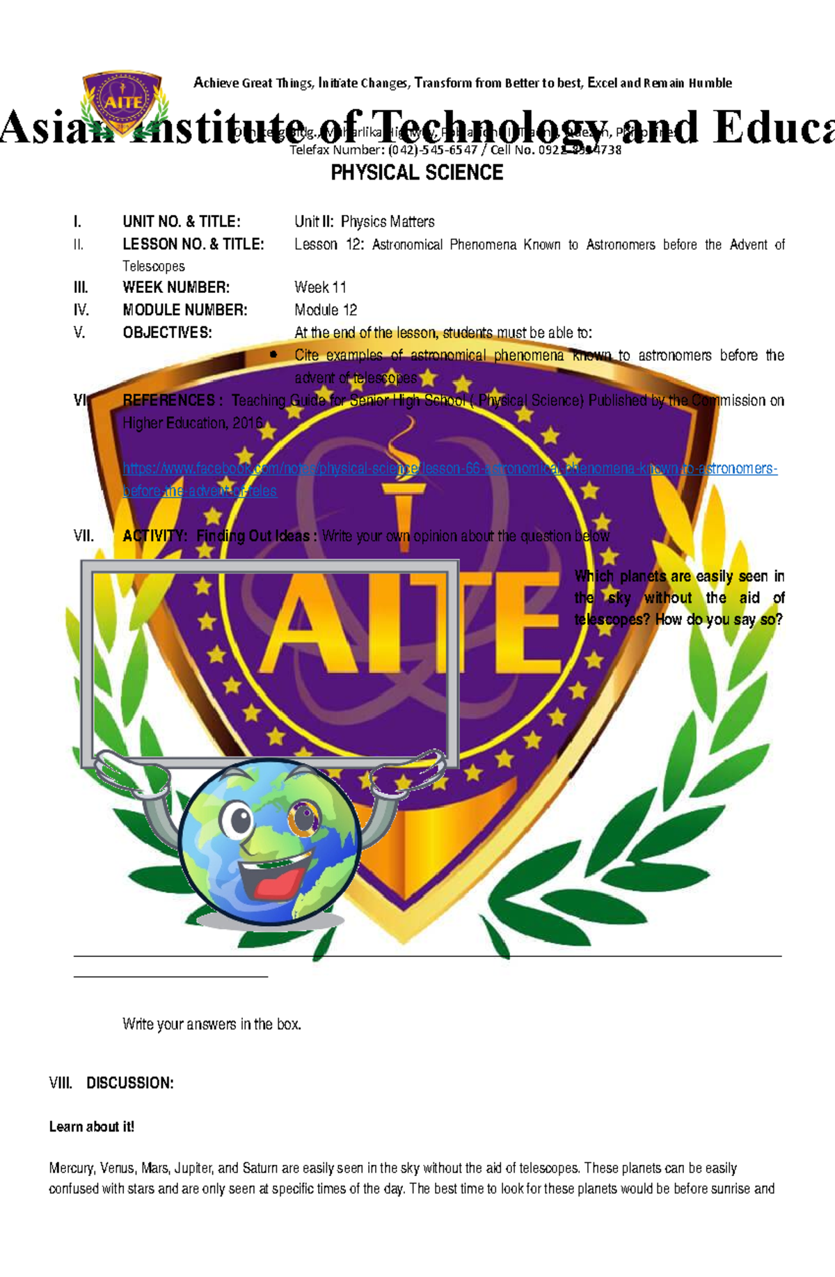 Module 12 Physical Science - PHYSICAL SCIENCE I. UNIT NO. & TITLE: Unit ...