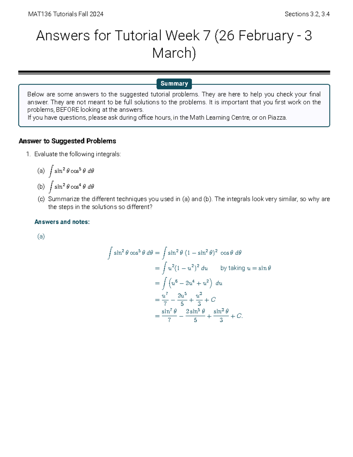 MAT136 Week 7 tutorial solutions - MAT136 Tutorials Fall 2024 Sections 3, 3. Answers for ...