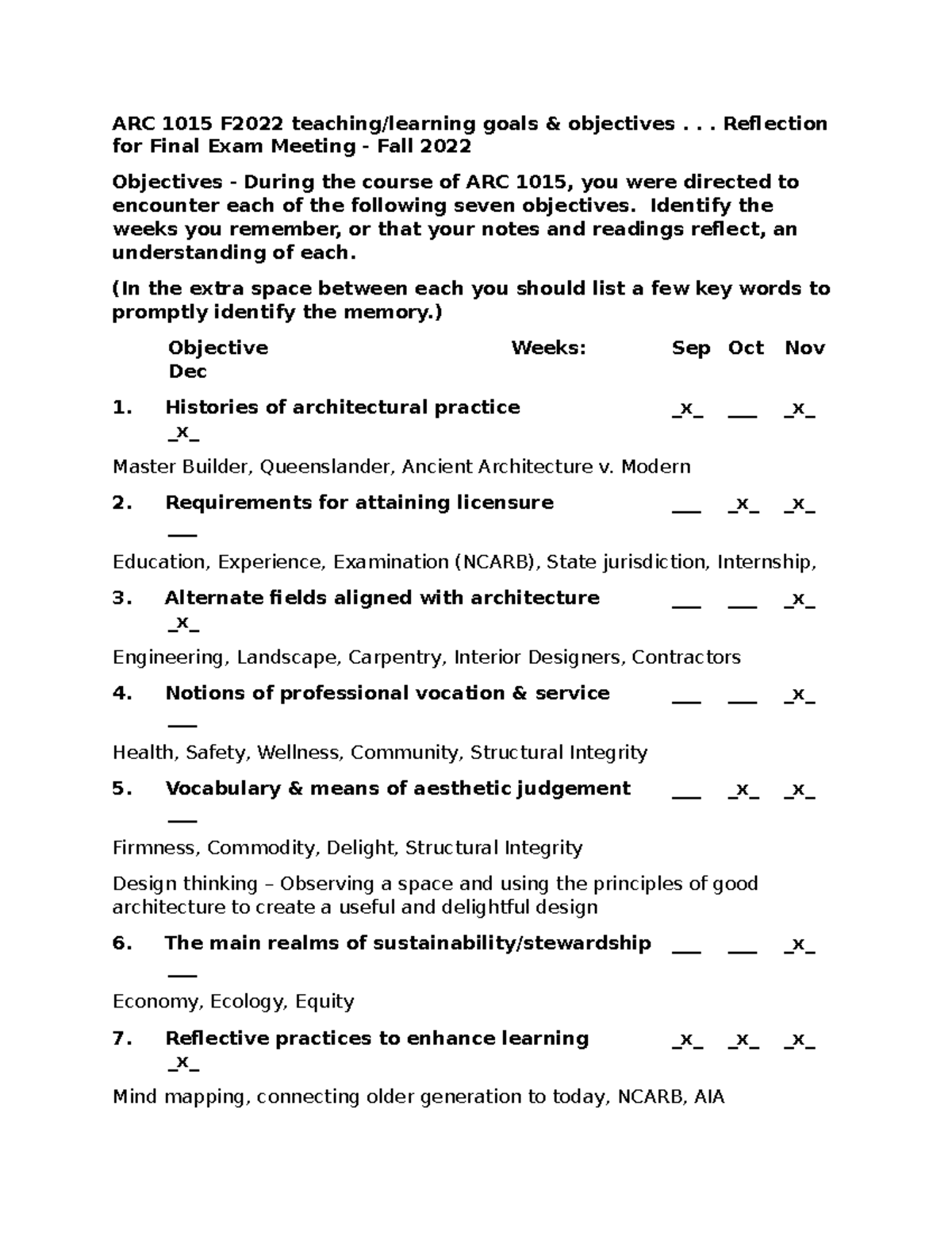 ARC 1015 Final Exam - ARC 1015 F2022 teaching/learning goals ...