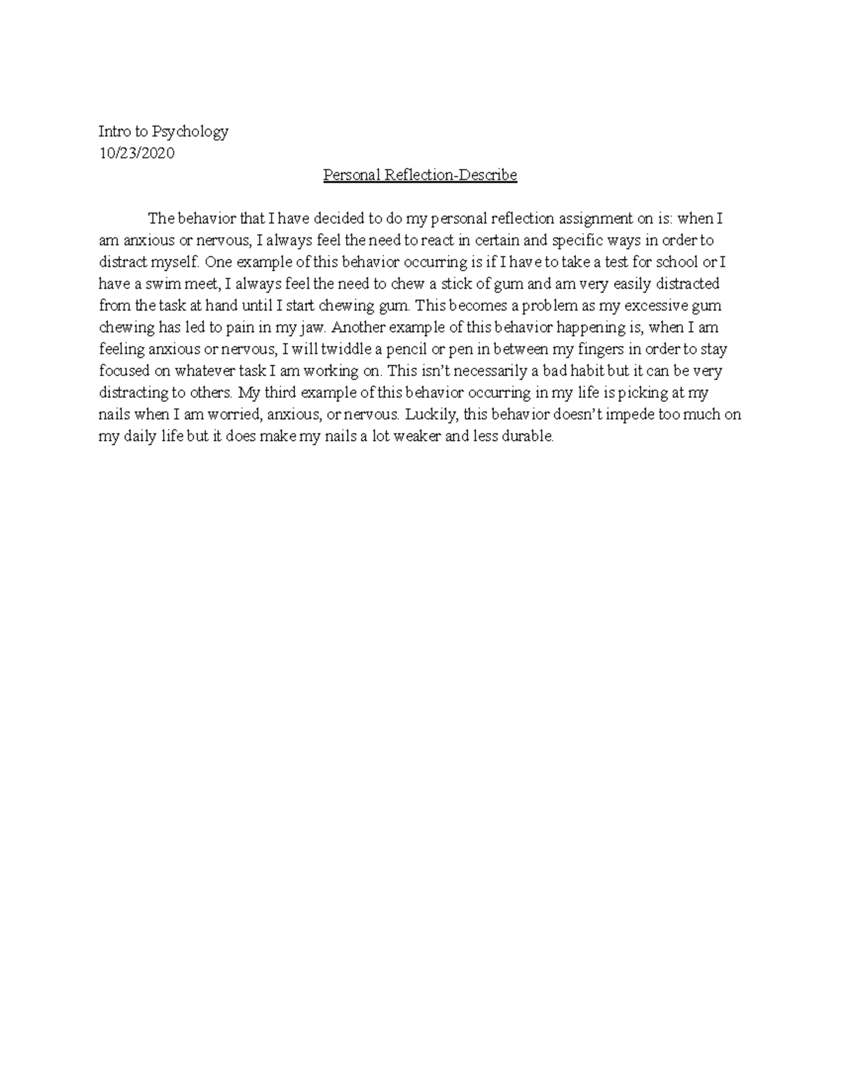 Personal Reflection- Describe - Intro to Psychology 10/23/ Personal ...