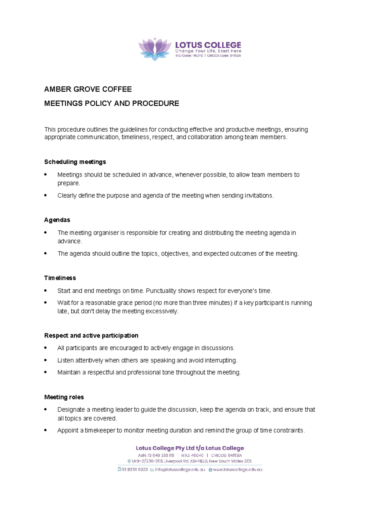 Meeting Policy and Procedures - AMBER GROVE COFFEE MEETINGS POLICY AND ...
