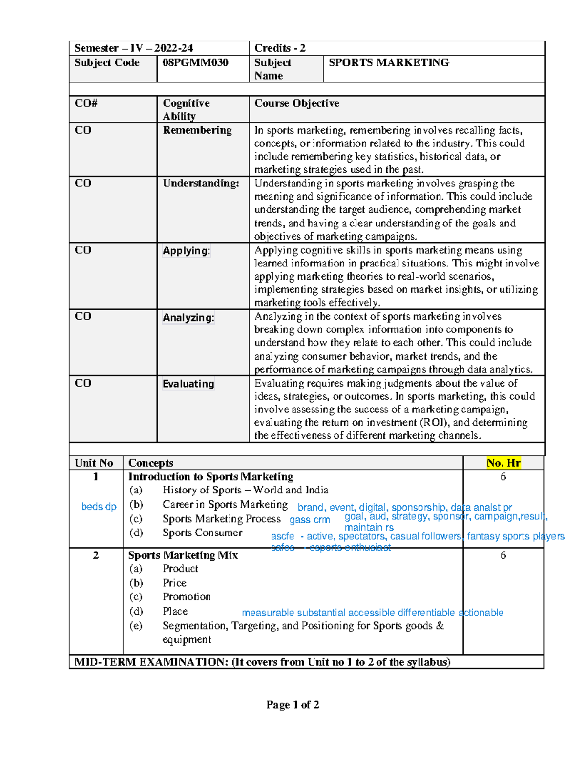 Sports Marketing - sewfewfseg - Page 1 of 2 Semester – IV – 2022 - 24 ...