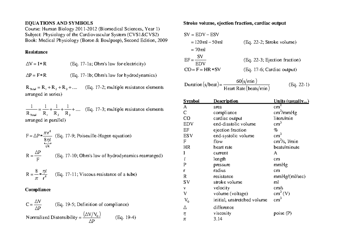 Formula Sheet for exam - EQUATIONS AND SYMBOLS Course: Human Biology ...