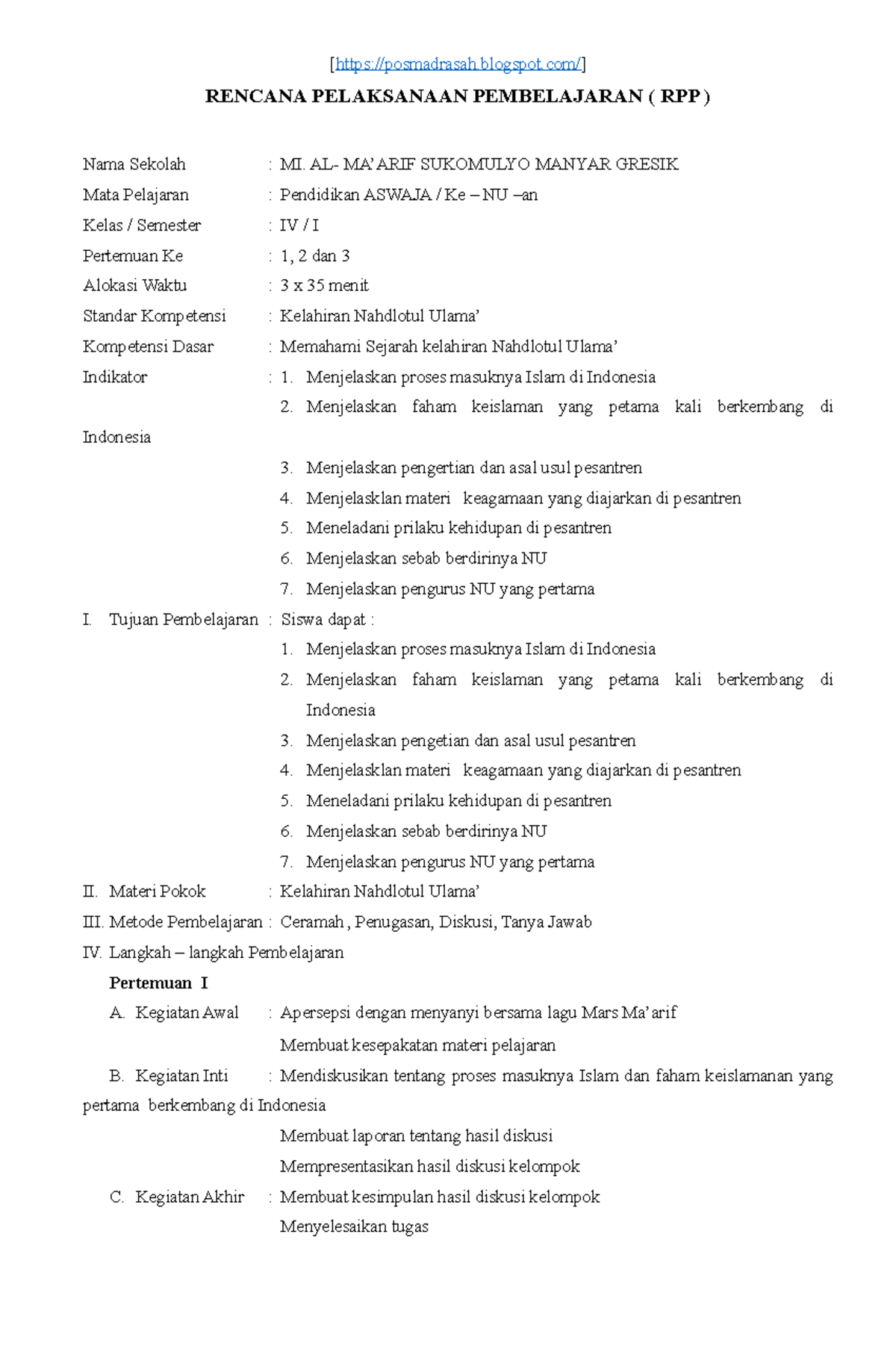 Rpp-Ke-nu-An-Kelas-4 [posmadrasah.blogspot.com] - RENCANA PELAKSANAAN ...