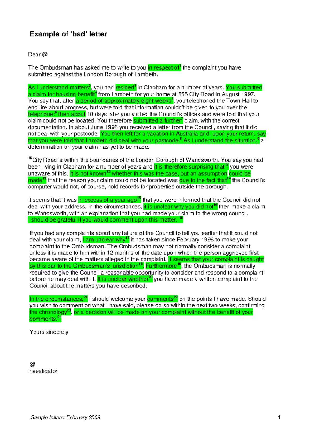 CS 11 081guidance on writing sample letters - Example of ‘bad’ letter ...