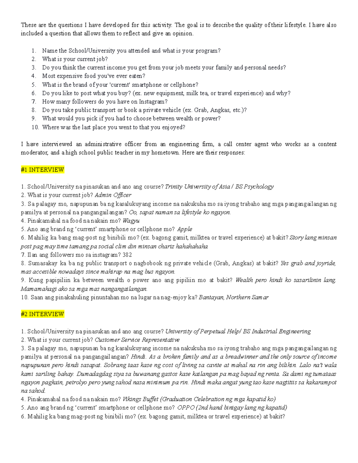 Interview to Measure Social Class Position - These are the questions I ...