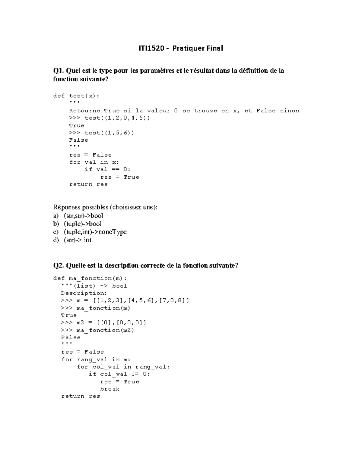 Pratiquer Final Examen - ITI1520 - Pratiquer Final Q 1. Quel est le ...
