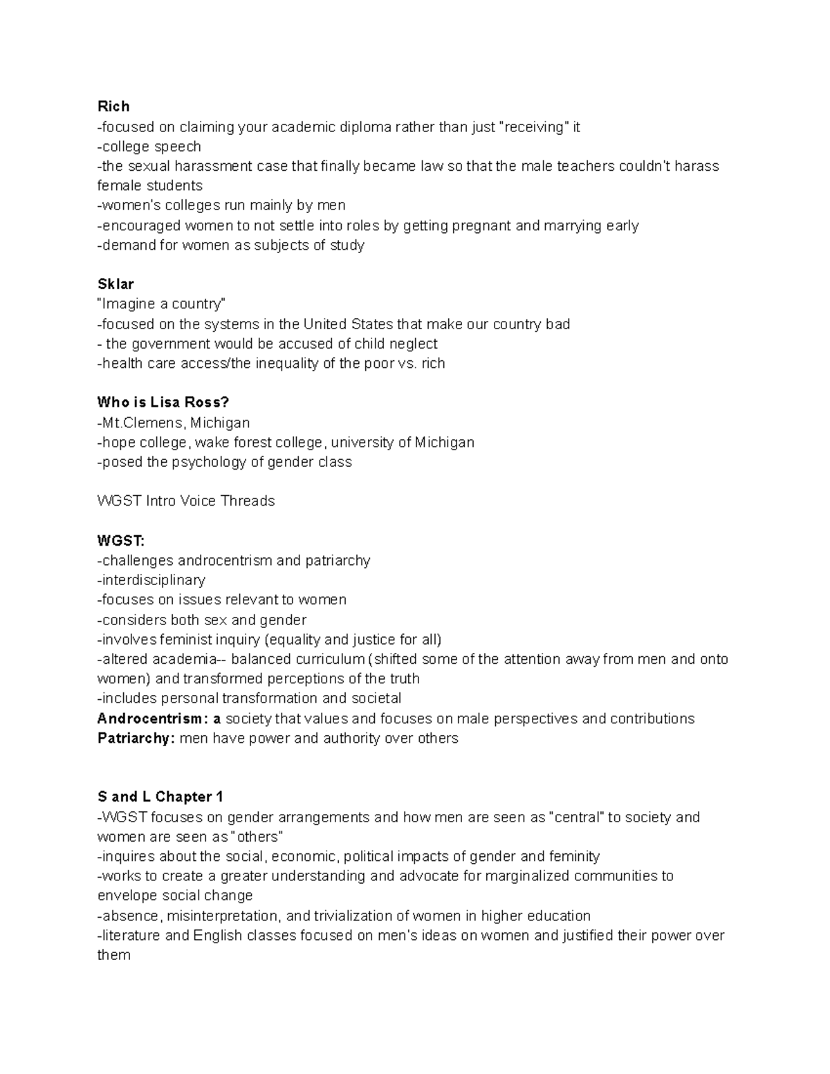 WGST QUIZ 1 Study Guide - Rich -focused on claiming your academic ...