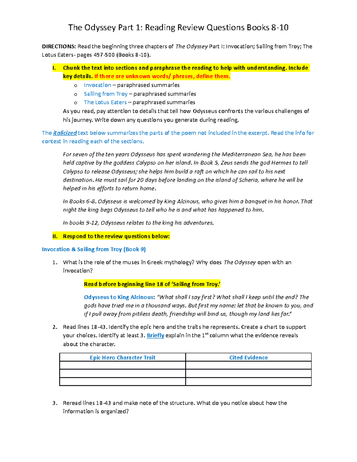 The Odyssey Part 1 Reading Review Questions Books 8-10 - I. Chunk the text into sections and ...