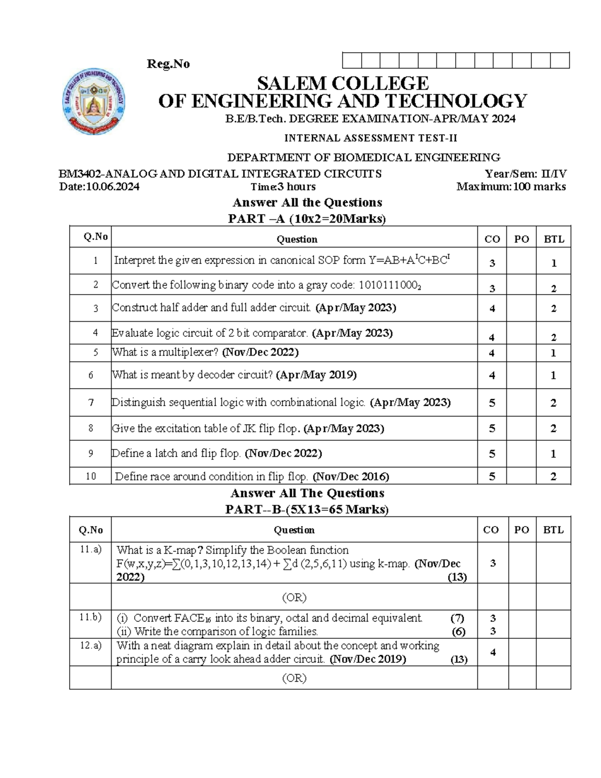 ADIC IAT-II - IAT - Answer All the Questions PART –A (10x2=20Marks) Q Question CO PO BTL 1 ...