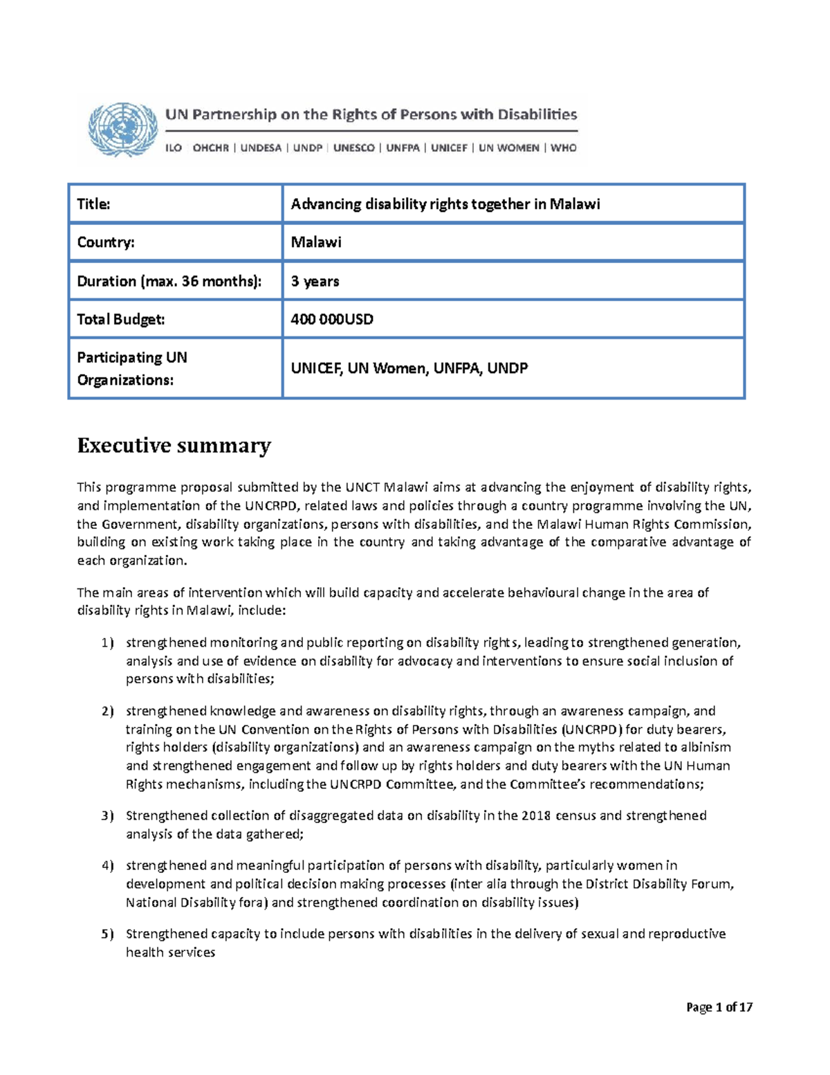 Malawi Project proposal ACC - Title: Advancing disability rights ...