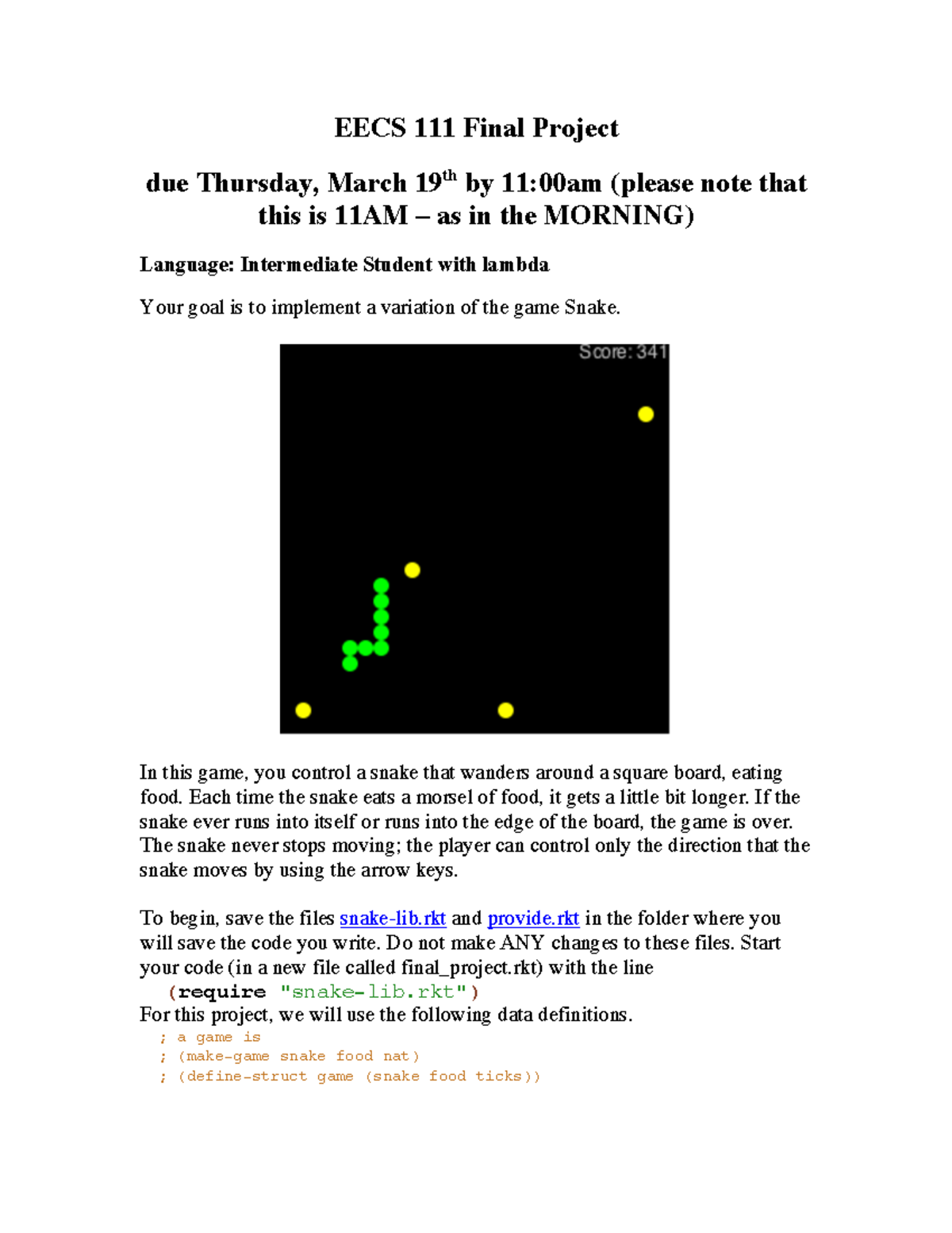 Final Project Fundamentals Of Computer Programming Eecs 111 Final Project Due Thursday