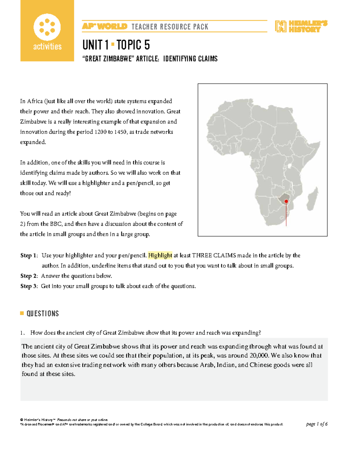 1.5 Great Zimbabwe Activity - © Heimler’s History page 1 of 6 TM Please ...