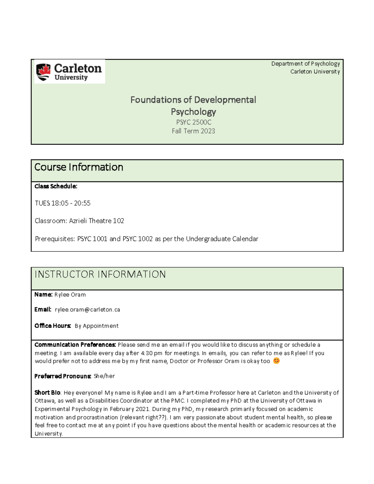 Syllabus - PSYC 2500 - Department of Psychology Carleton University ...