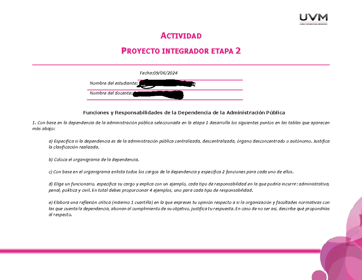A6 proyecto integrador 2 - ACTIVIDAD PROYECTO INTEGRADOR ETAPA 2 Fecha: 09 / 06 / 2024 Nombre ...