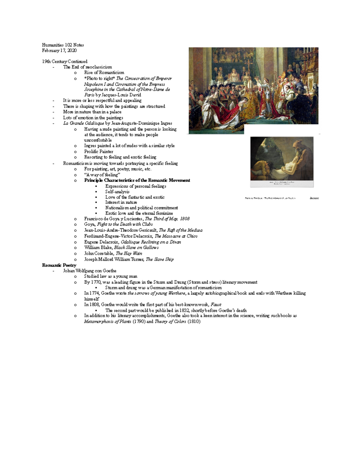 Humanities 102 Notes - Humanities 102 Notes February 17, 2020 19th ...