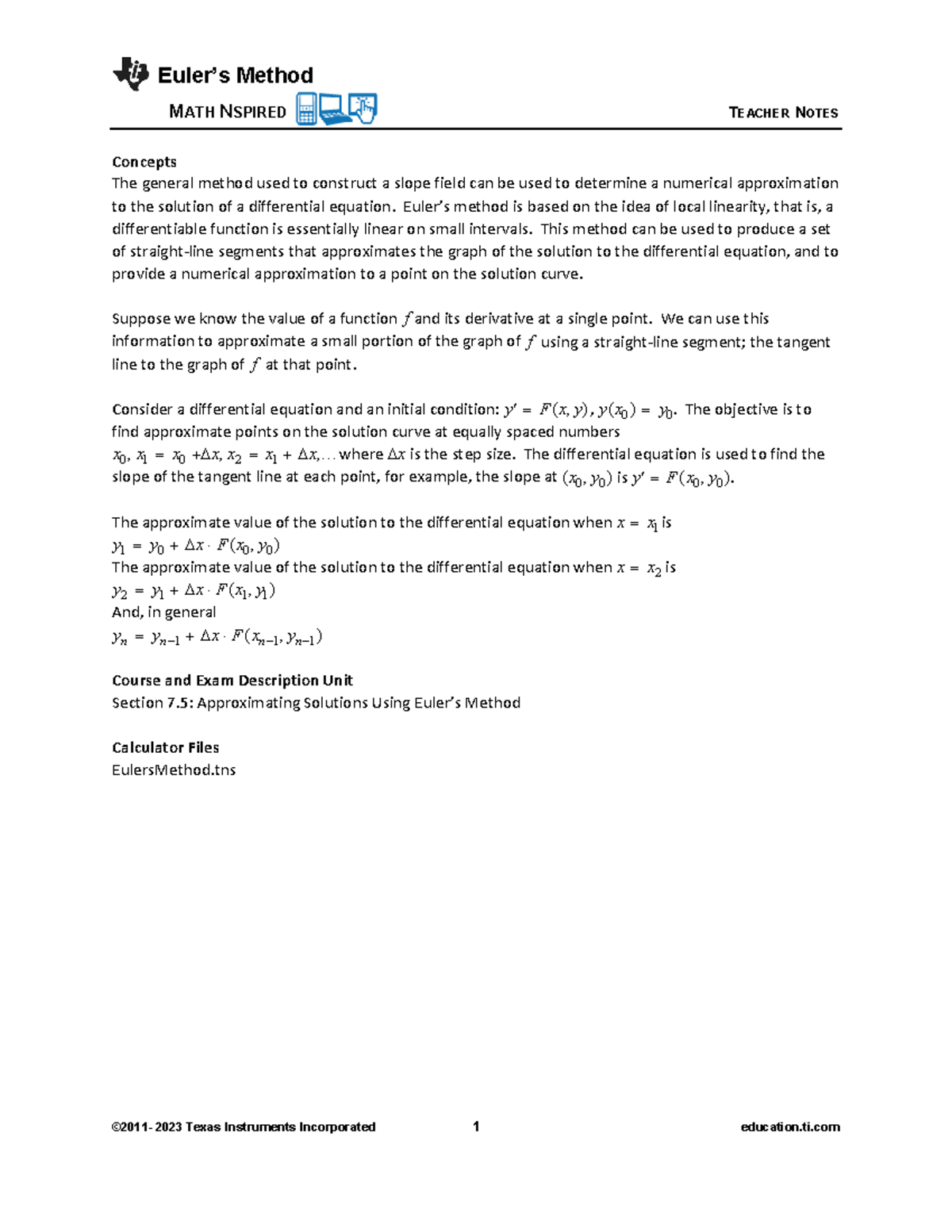 Eulers Method Teacher - .dsadsad - M ATH NSPIRED T EACHER N OTES ...