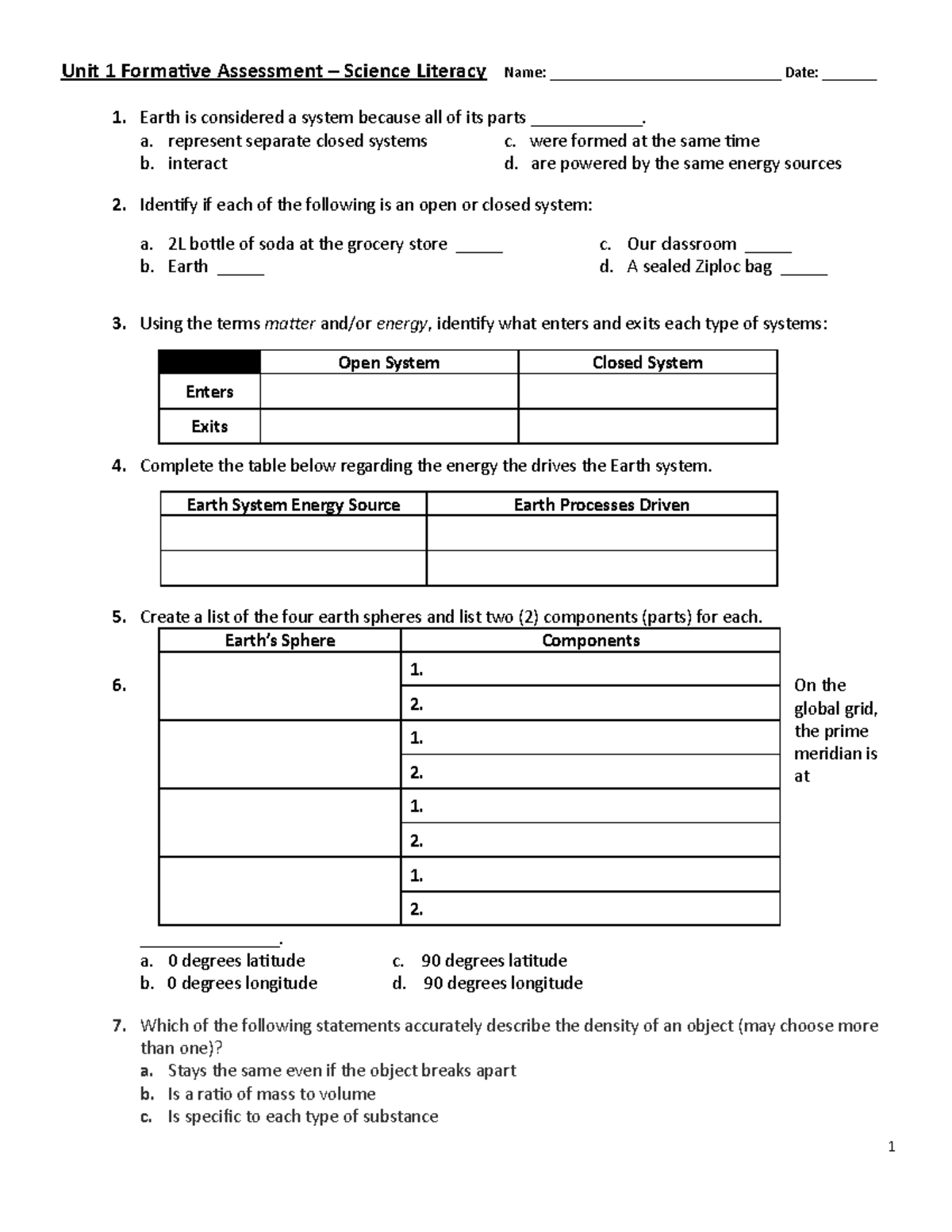 Unit 1 Formative Assessment ES 9 - Science Literacy Fall 2018 - Unit 1 ...