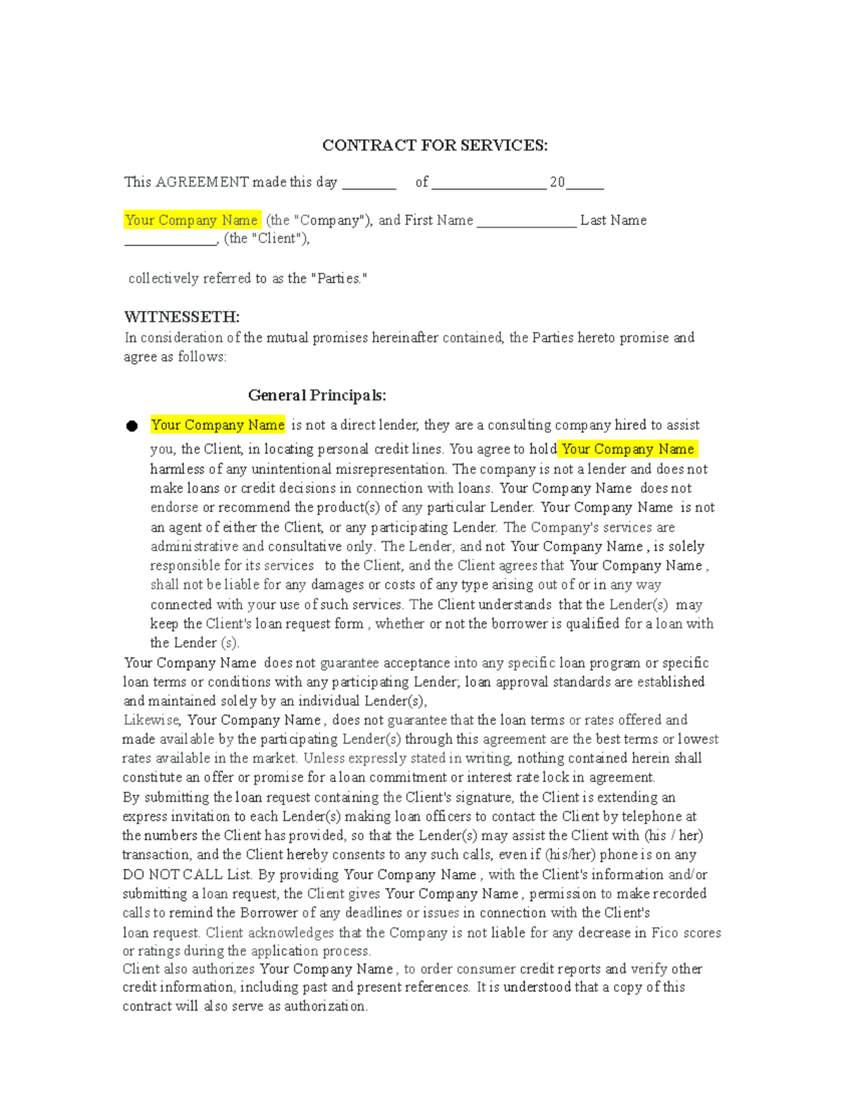 Business Funding Contract - CONTRACT FOR SERVICES: This AGREEMENT made ...