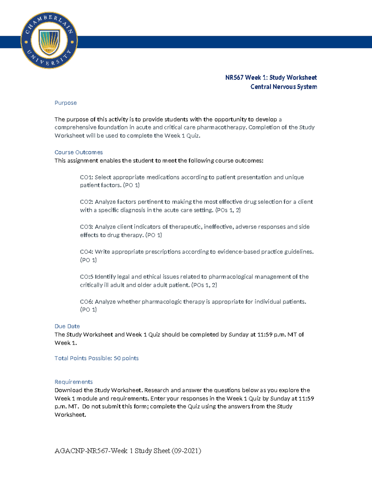 Week 1 Study Worksheet - NR567 Week 1: Study Worksheet Central Nervous ...