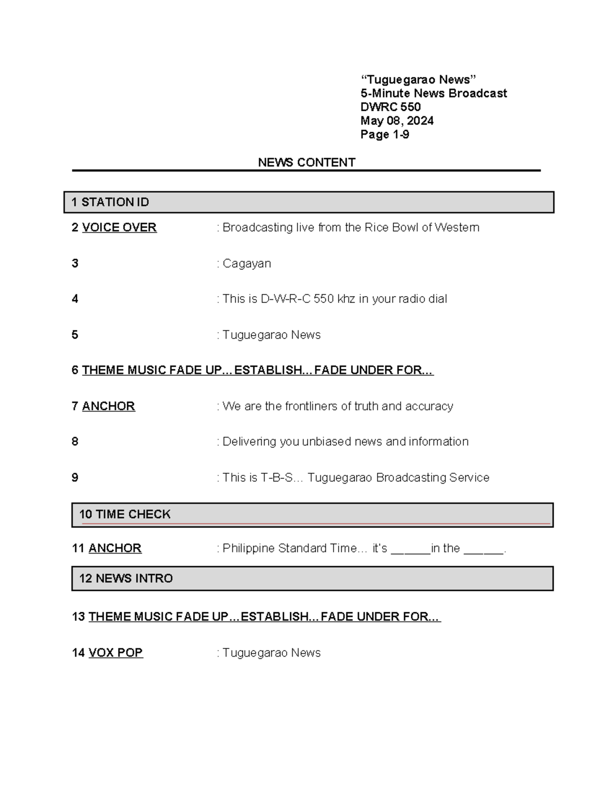 Script-2 - Scripts - 1 STATION ID 5-Minute News Broadcast DWRC 550 May 08, 2024 Page 1- 9 NEWS ...