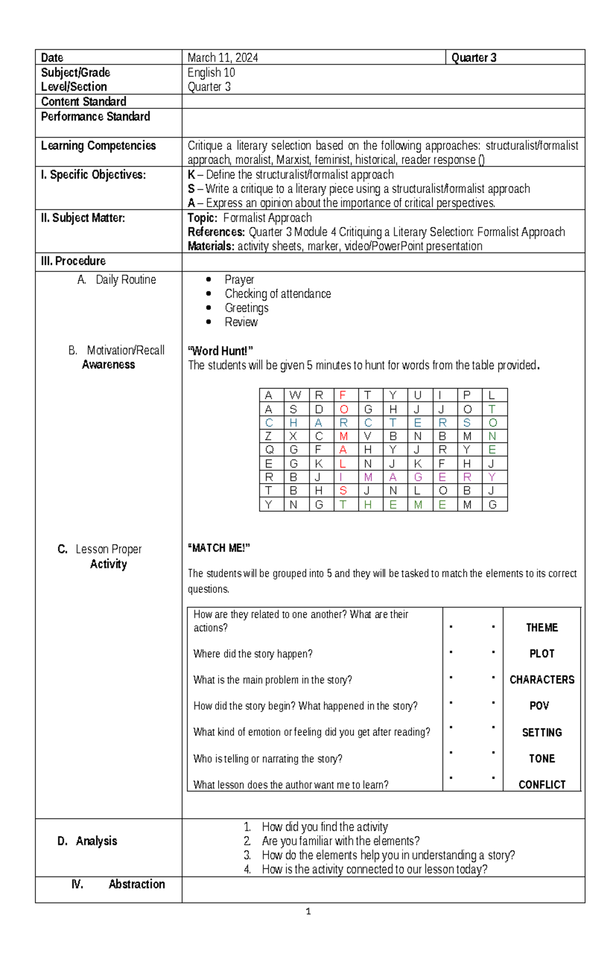 10- Formalist- Approach - Date March 11, 2024 Quarter 3 Subject/Grade ...