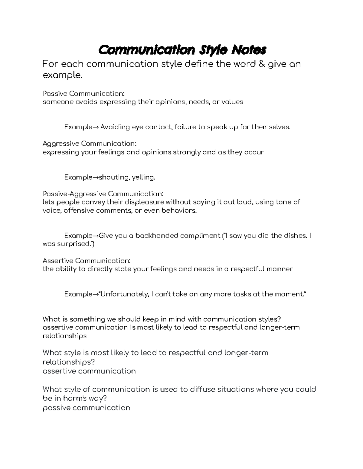 Communication Style Guided Notes - Communication Style Notes For each ...