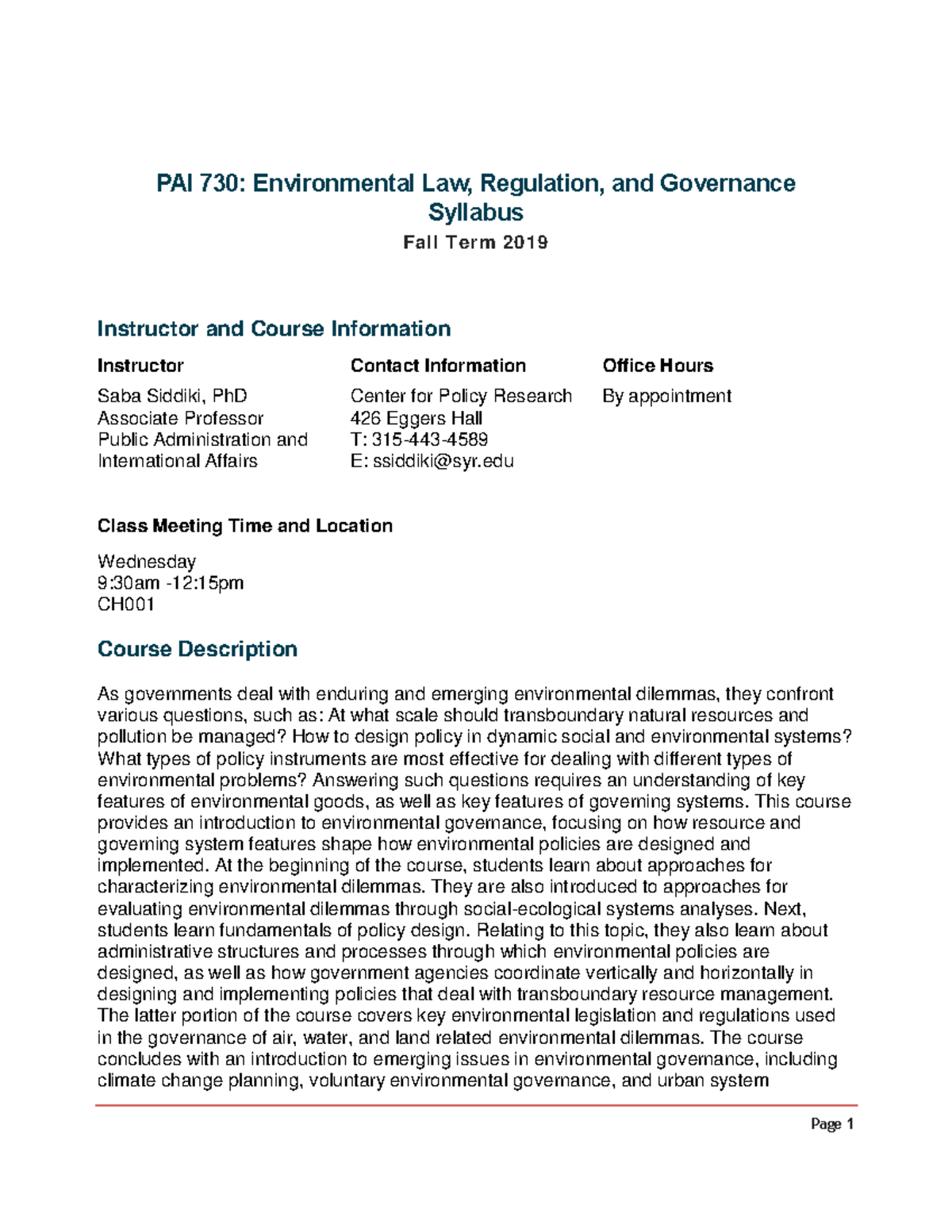 PAI 730 Fall 2019 Env Gov Siddiki - PAI 730: Environmental Law ...