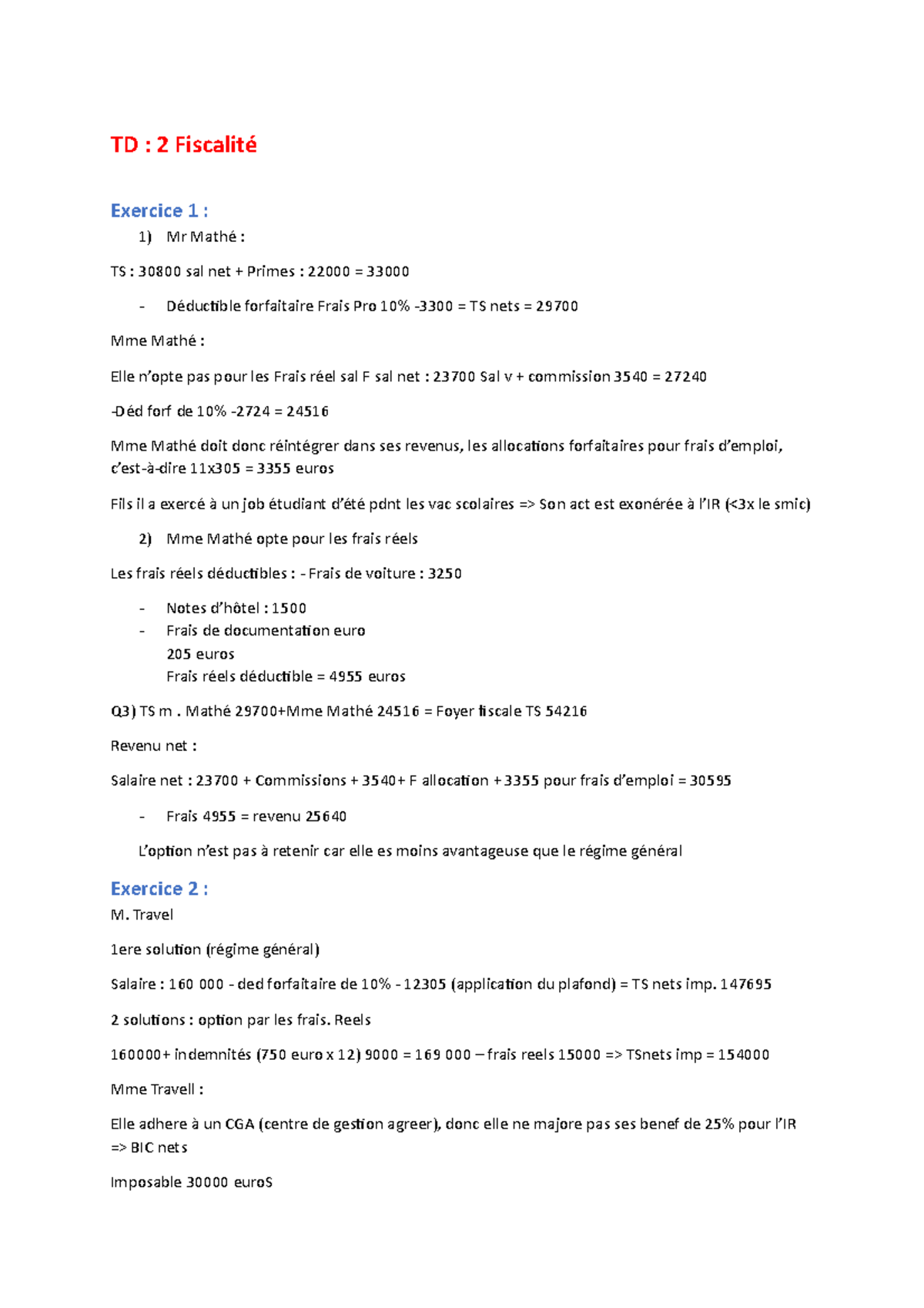TD 2 fisca - TD : 2 Fiscalité Exercice 1 : Mr Mathé : TS : 30800 sal net + Primes : 22000 ...