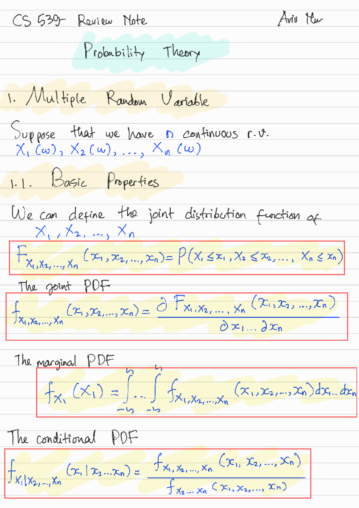 CS 539-Probability Review Multivariate Random Variable - CS Review Note ...