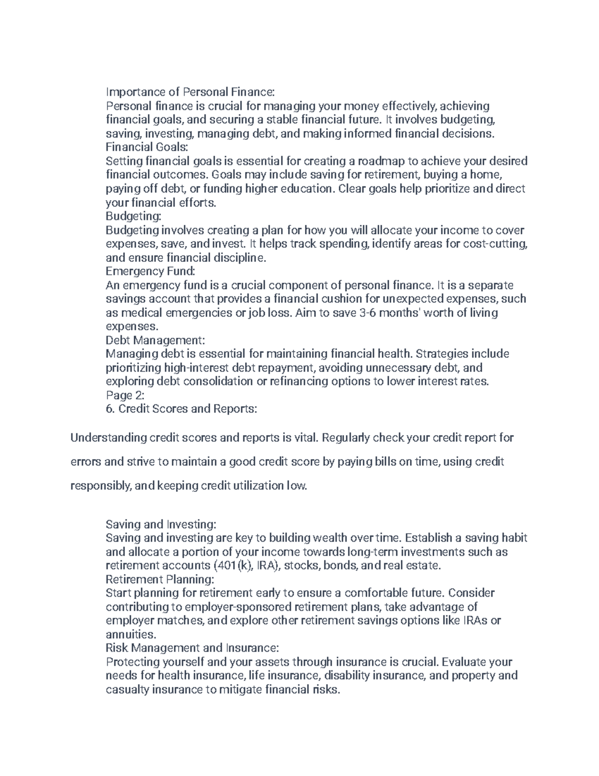 1 - class notes from powerpoint - Importance of Personal Finance ...