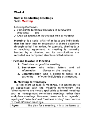 Minutes of the Meeting - Unit 2: Conducting Meeting Topic: Minutes of ...