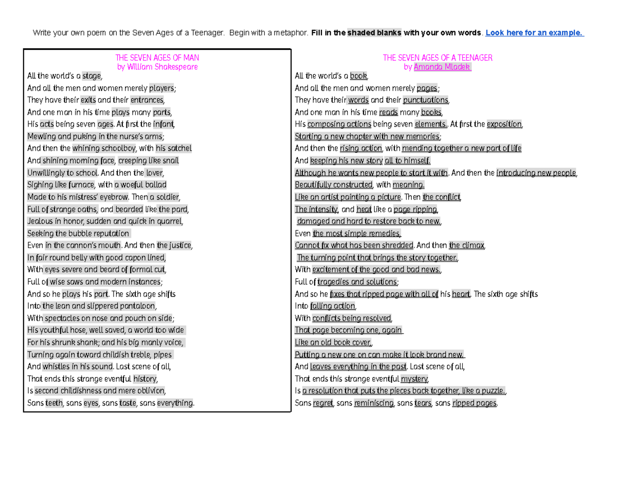 The Seven Ages of a Teenager Poem - Write your own poem on the Seven ...