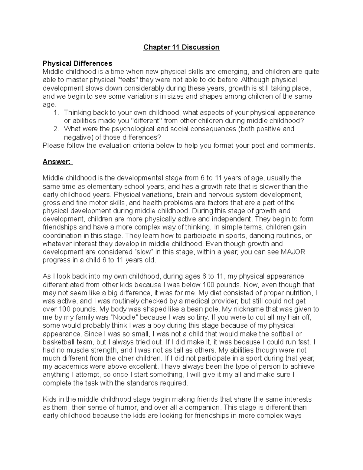 Chapter 11 Discussion - Chapter 11 Discussion Physical Differences ...