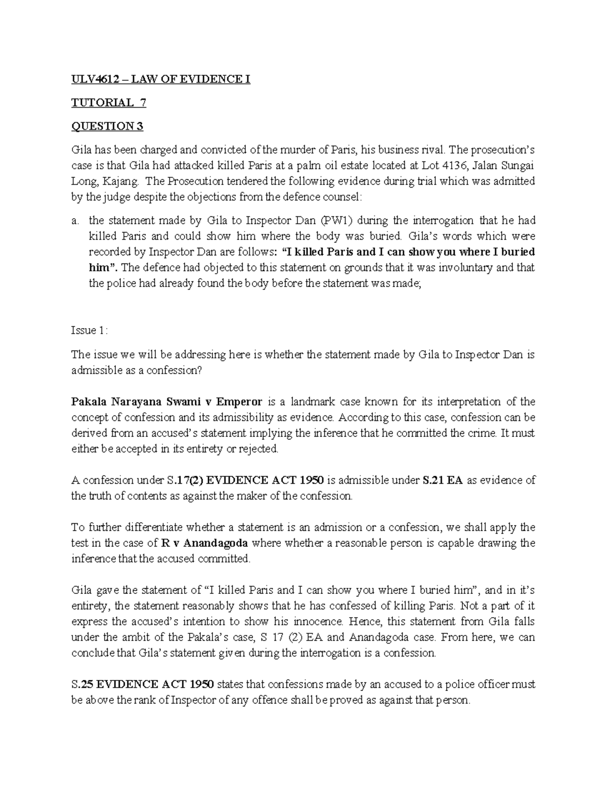Tutorial 7 Qs - ULV4612 – LAW OF EVIDENCE I TUTORIAL 7 QUESTION 3 Gila ...