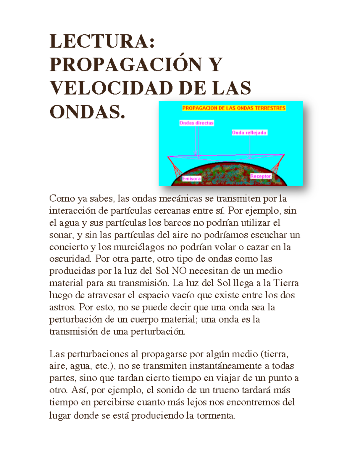 PropagacióN Y Velocidad DE LAS Ondas. - LECTURA: PROPAGACIÓN Y ...