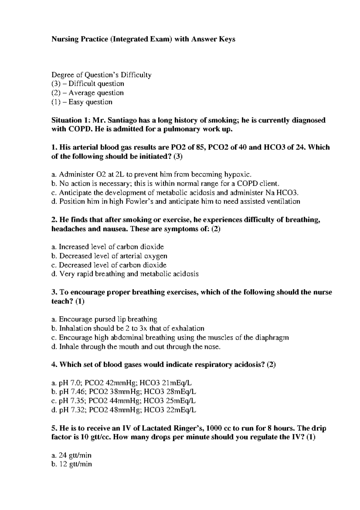 Pdfcoffee - Exams - Nursing Practice (Integrated Exam) with Answer Keys Degree of Question’s ...