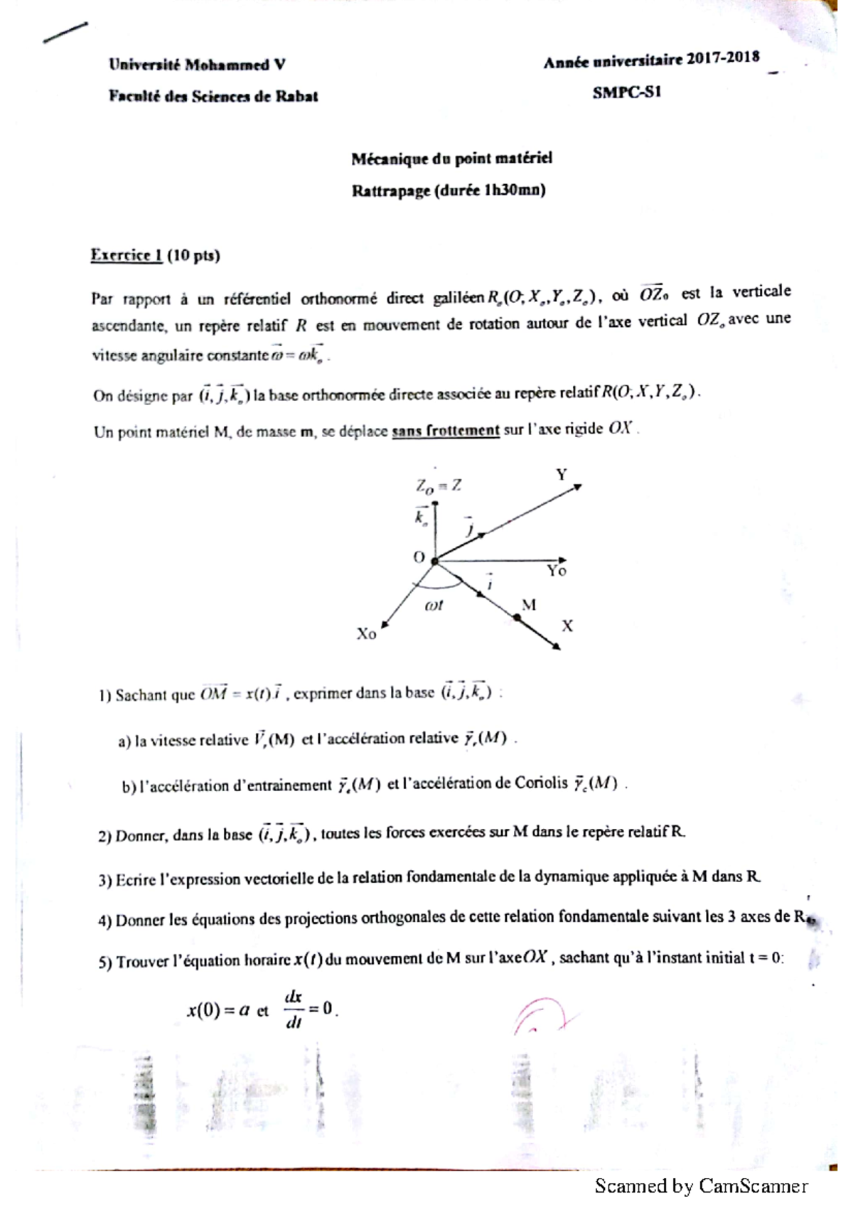 Mecanique du point. Exam final et ratt 2017-2018 - Mécanique de point ...