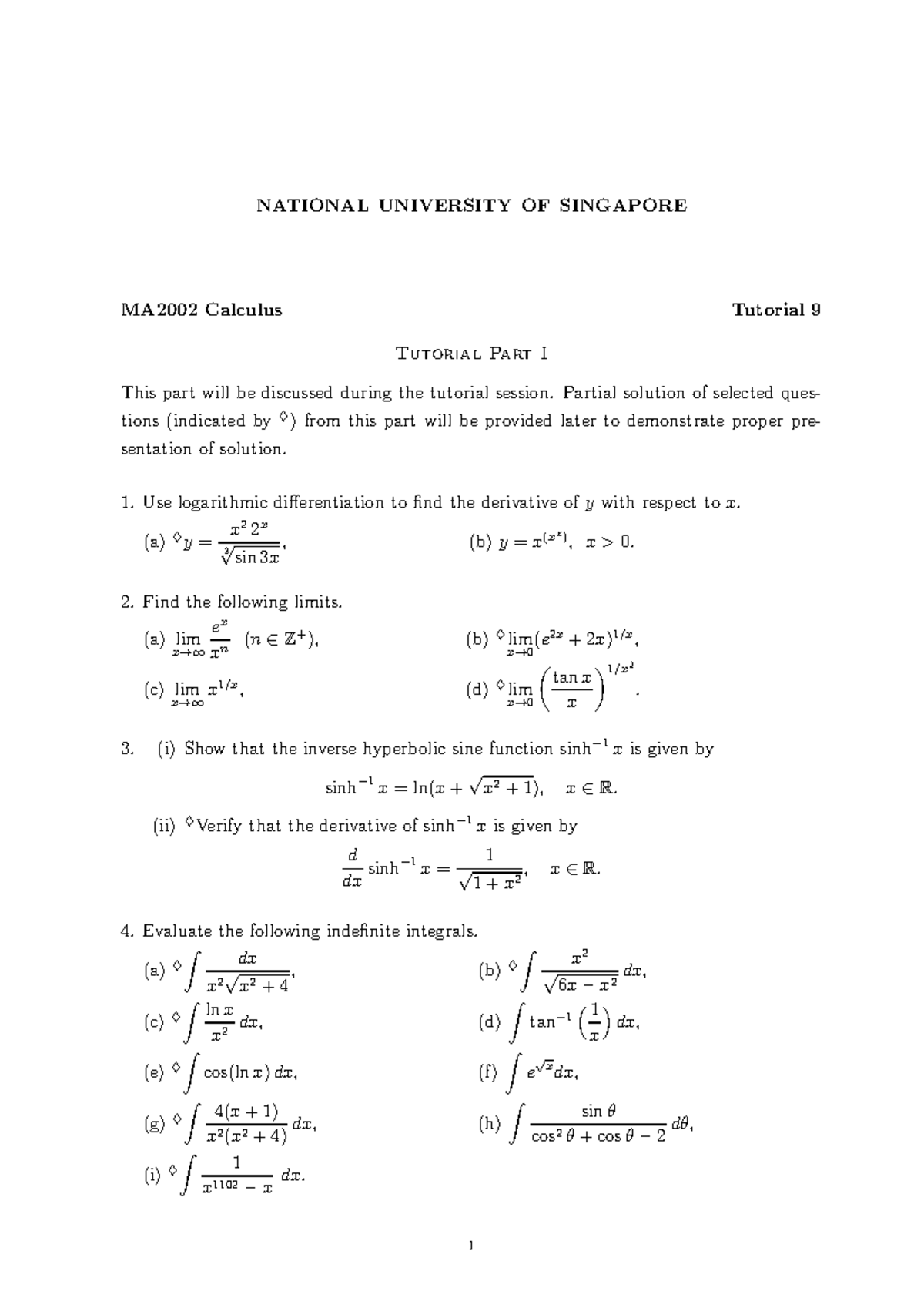 T9 semester 1 2022/2023 - NATIONAL UNIVERSITY OF SINGAPORE MA2002 Calculus Tutorial 9 Tutorial ...