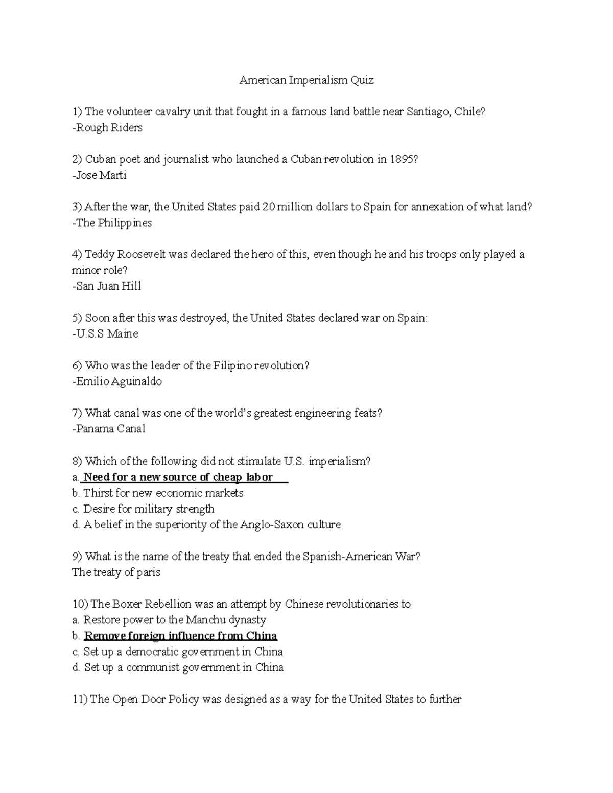 American Imperia;ism Quiz - American Imperialism Quiz The volunteer ...